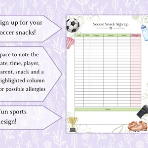 Soccer Sign up Bundle Printable PDF | Kids Soccer Snack Sign up Sheet ...