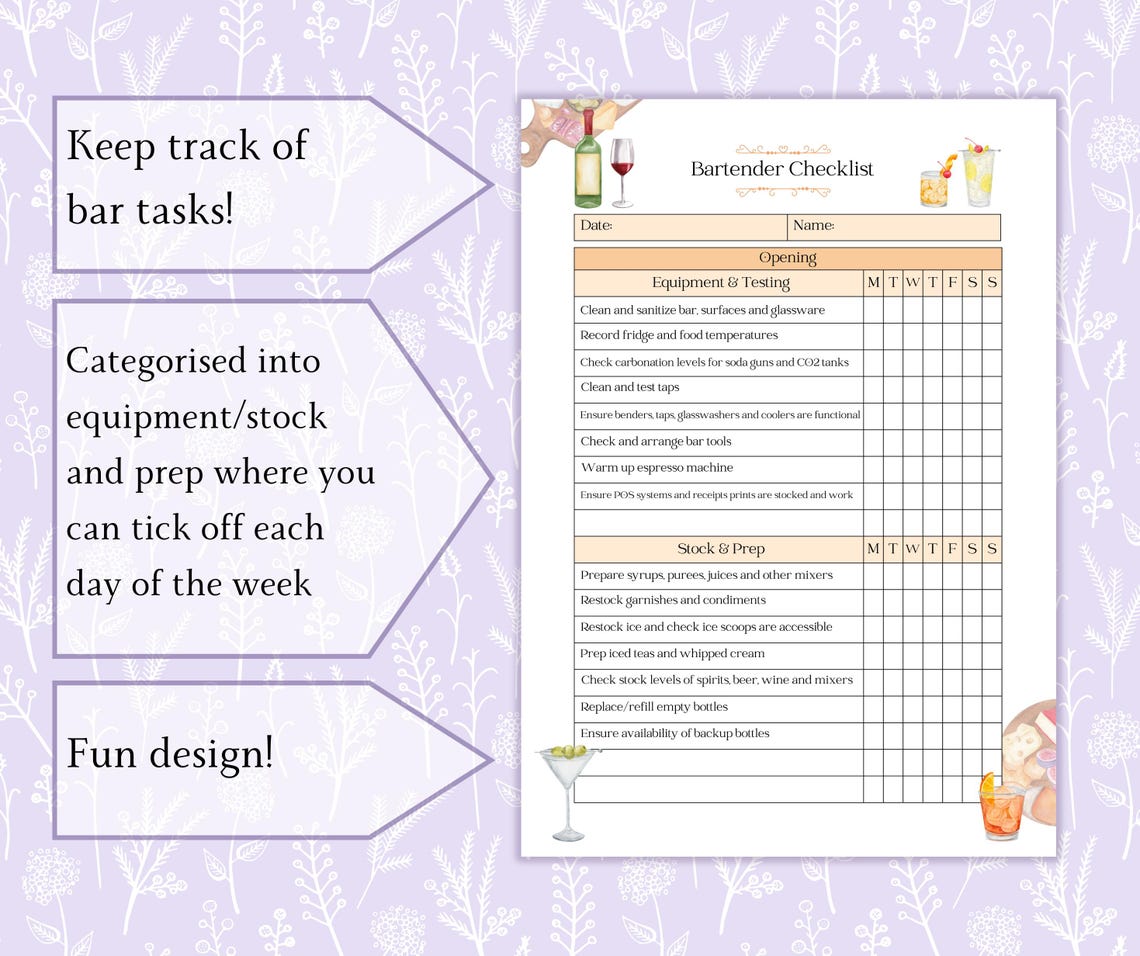 Bartender Checklist Bundle Printable PDF | Bar Opening Checklist ...