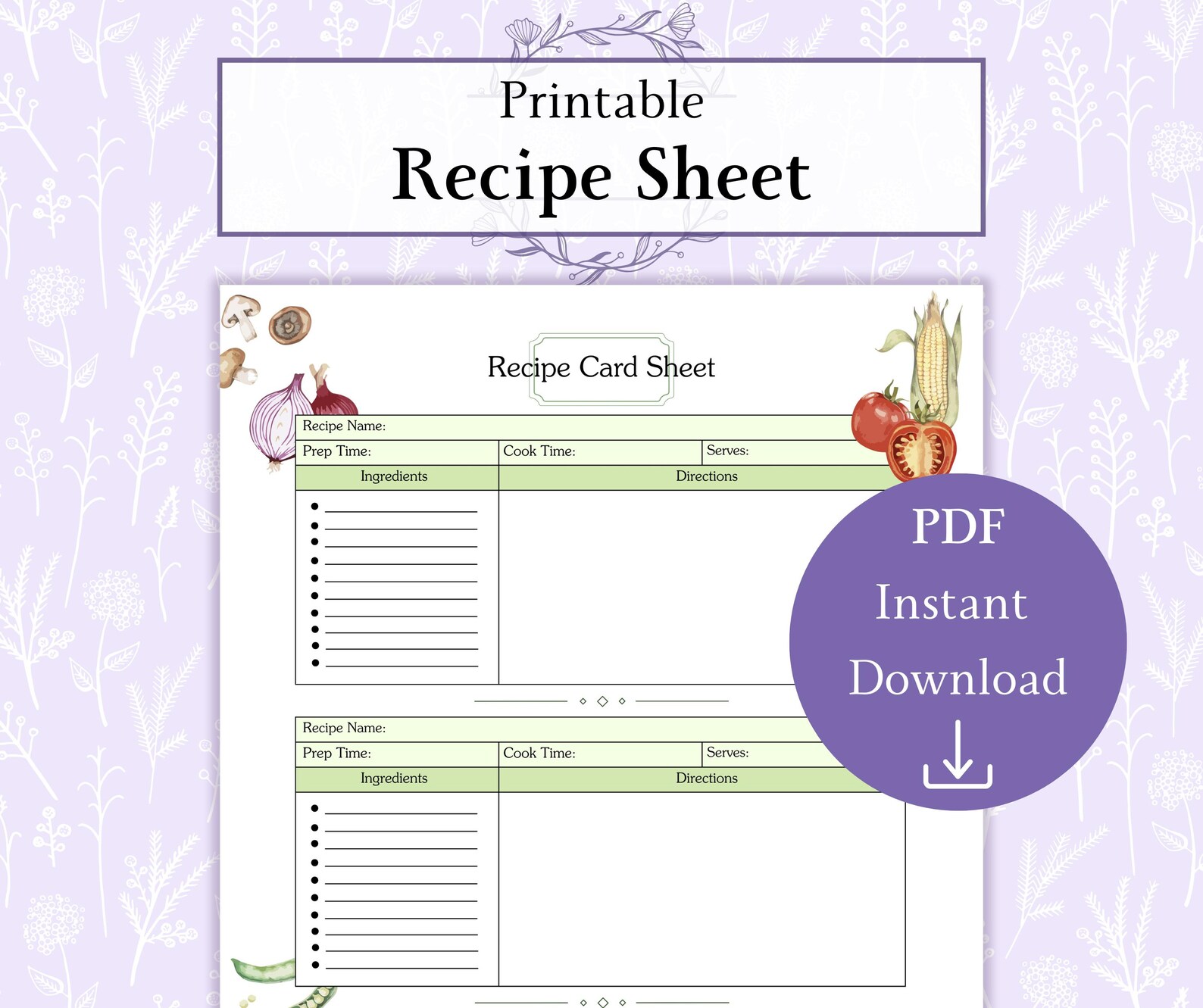 Recipe Card Sheet Printable PDF | 3 Recipes per Page | Food Journal ...