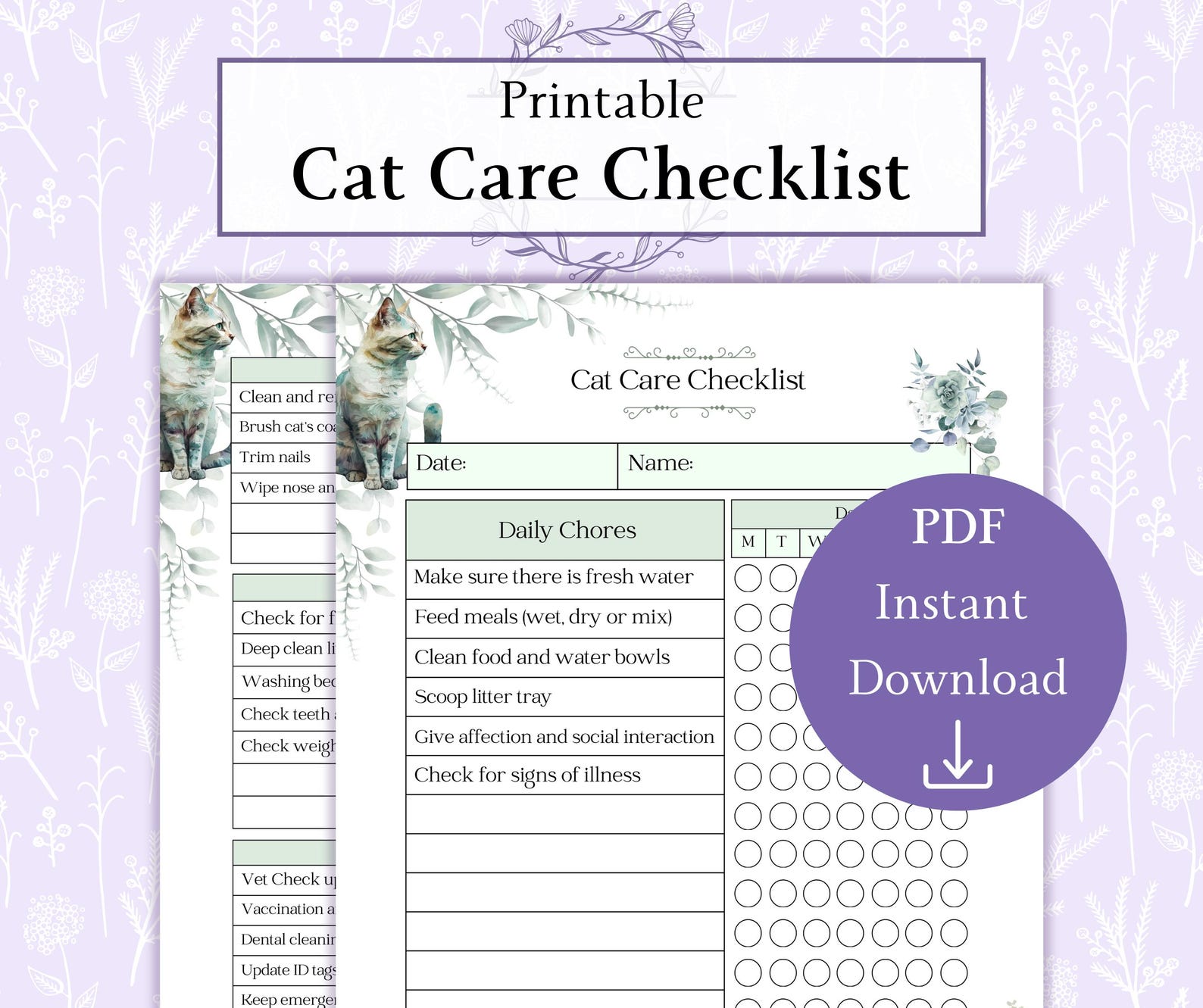 Cat Care Checklist Printable PDF | New Kitten Checklist | Pet Sitter ...
