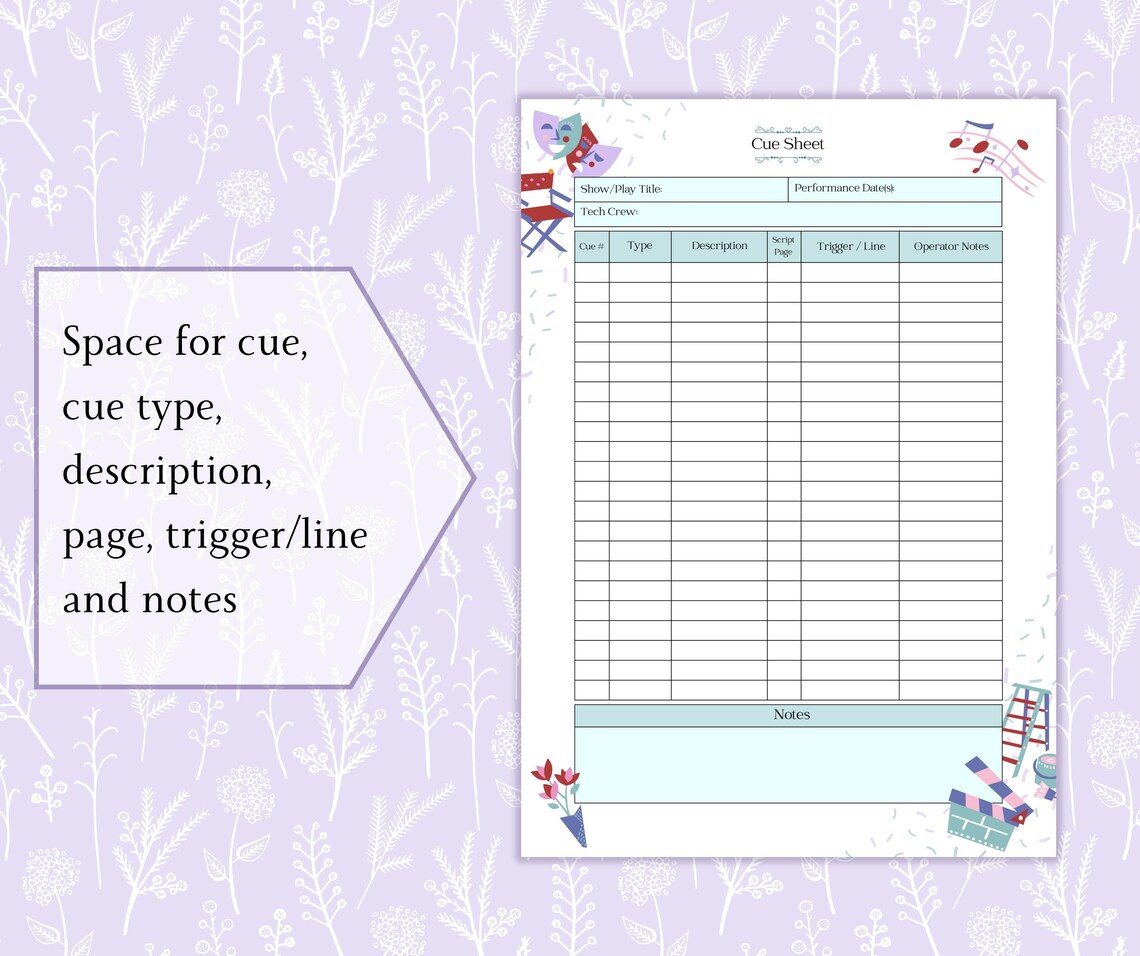 Stage Cue Sheet Printable PDF | Theater Cue Form | Lighting and Sound ...