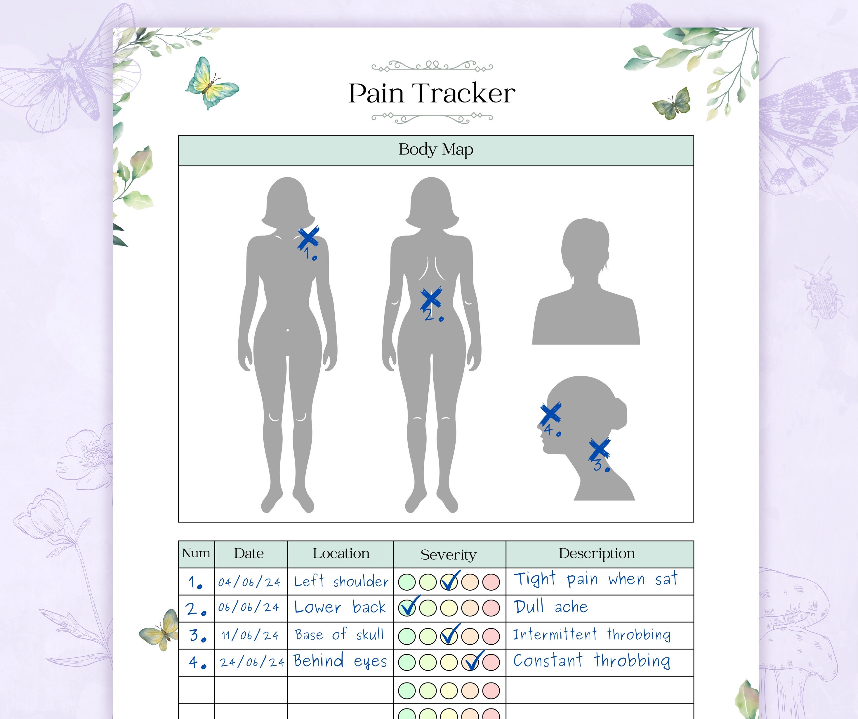 Pain Tracker With Body Map Printable PDF | Pain Diary | Symptom Journal ...