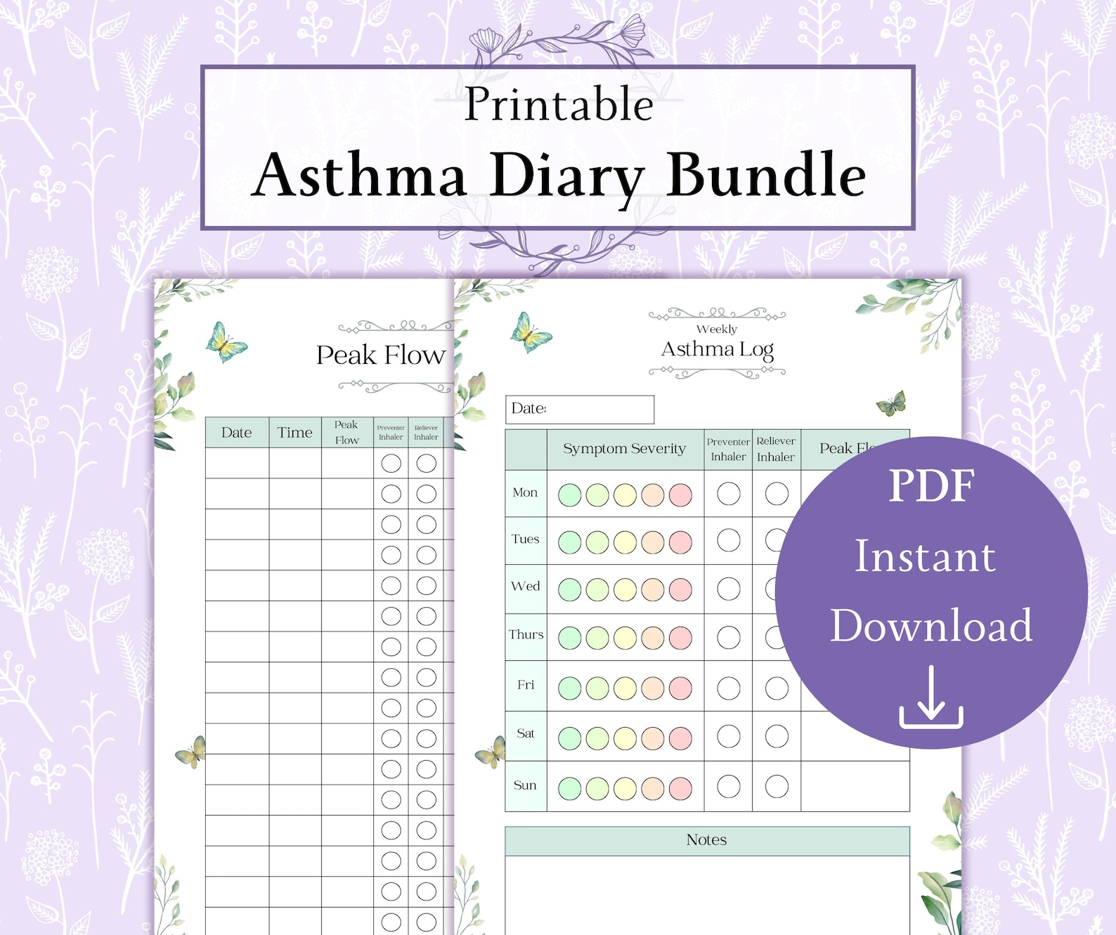 Asthma Diary Bundle Printable PDF | Peak Flow Log | Asthma Log Symptom ...