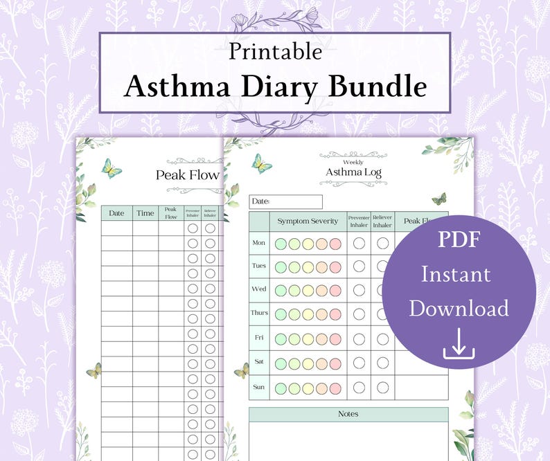 Asthma Diary Bundle Printable PDF | Peak Flow Log | Asthma Log Symptom ...