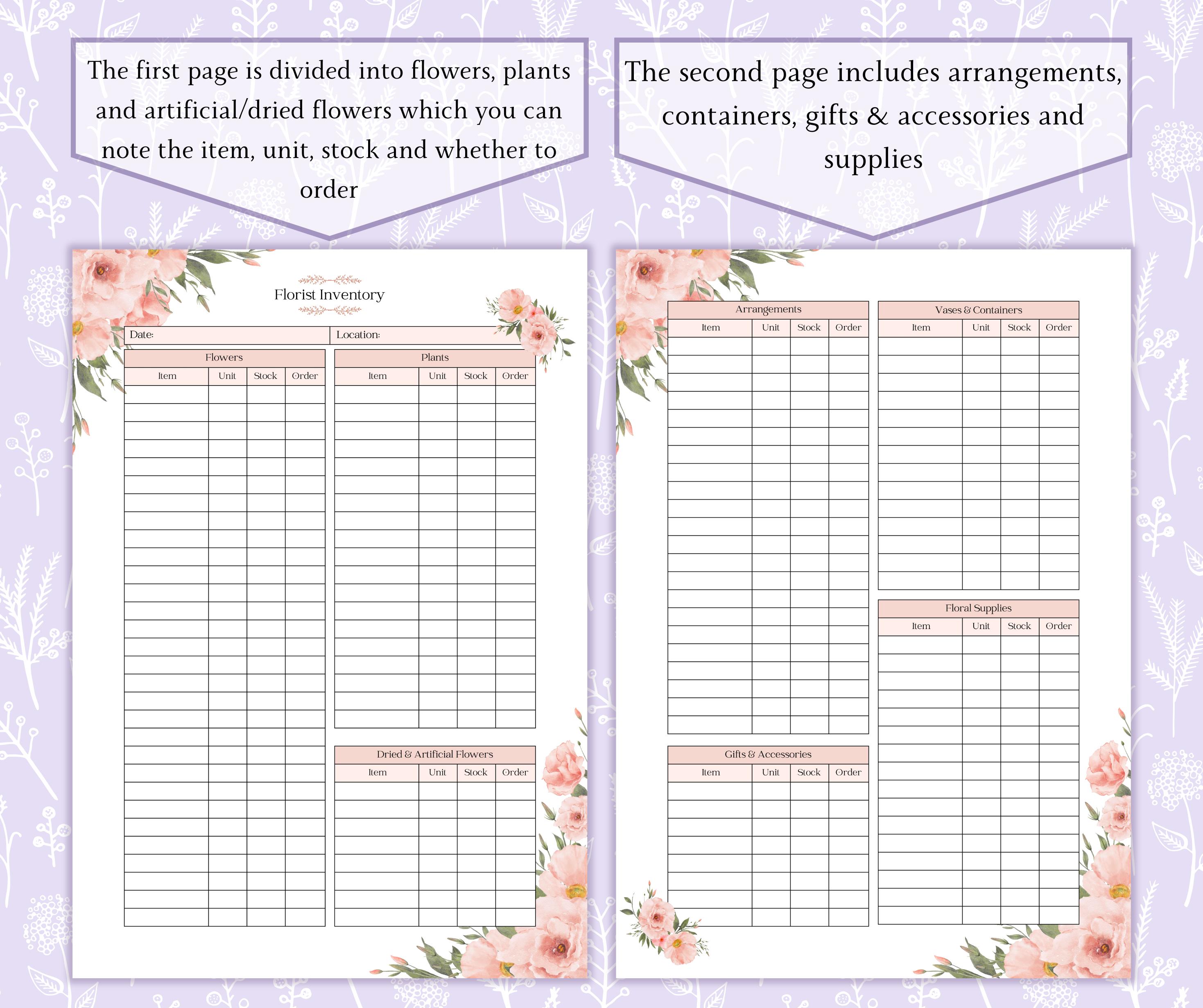 Florist Inventory Sheet Printable PDF | Florist Unit List | Inventory ...