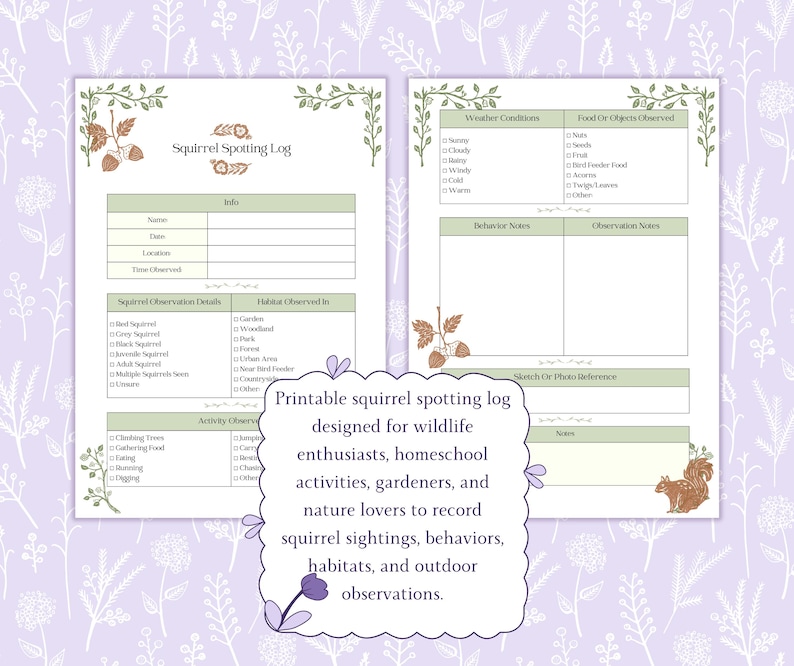 Squirrel Spotting Log Printable PDF, Wildlife Observation Journal ...