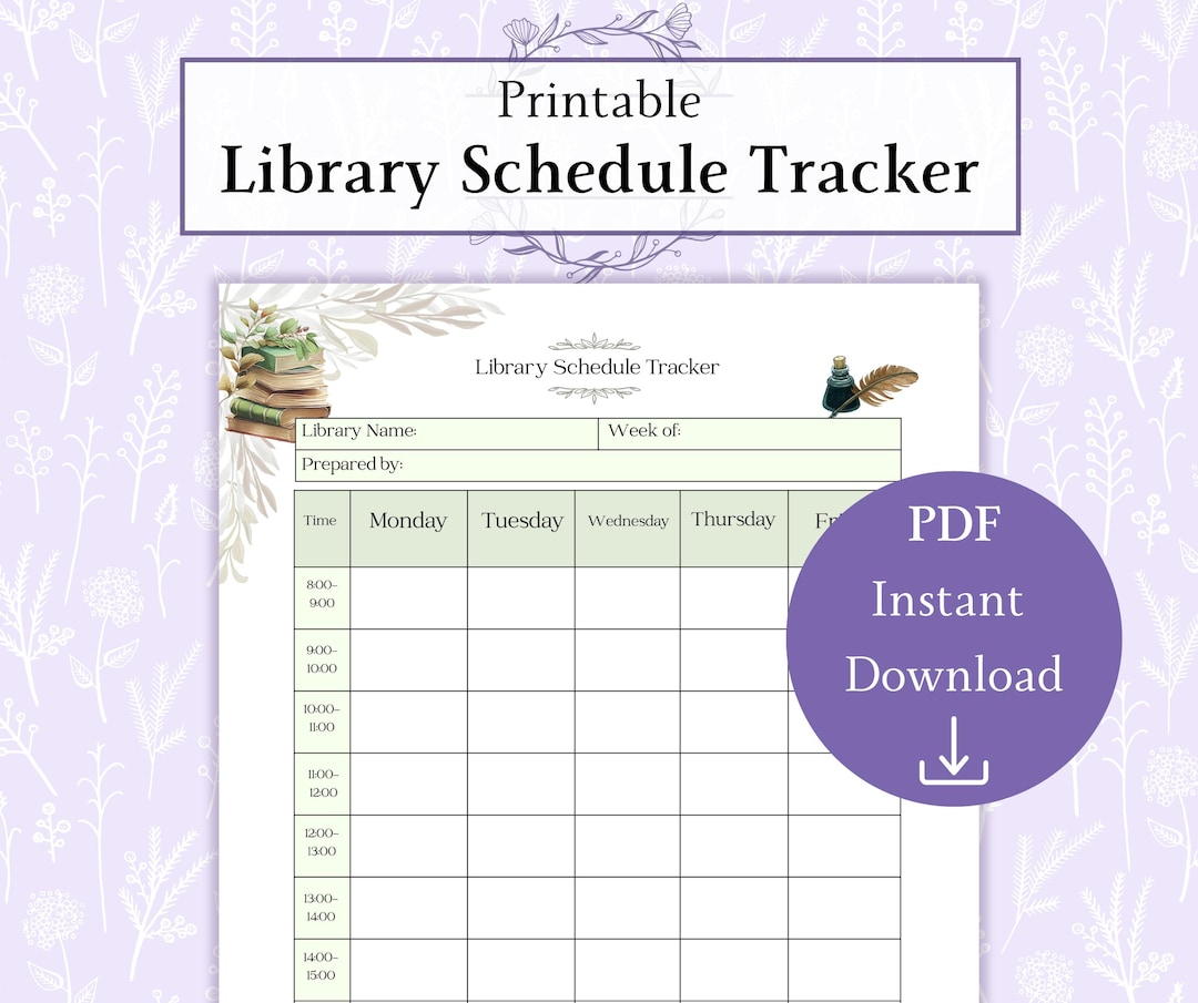 Library Schedule Tracker Printable PDF | Library Weekly Schedule | Time ...