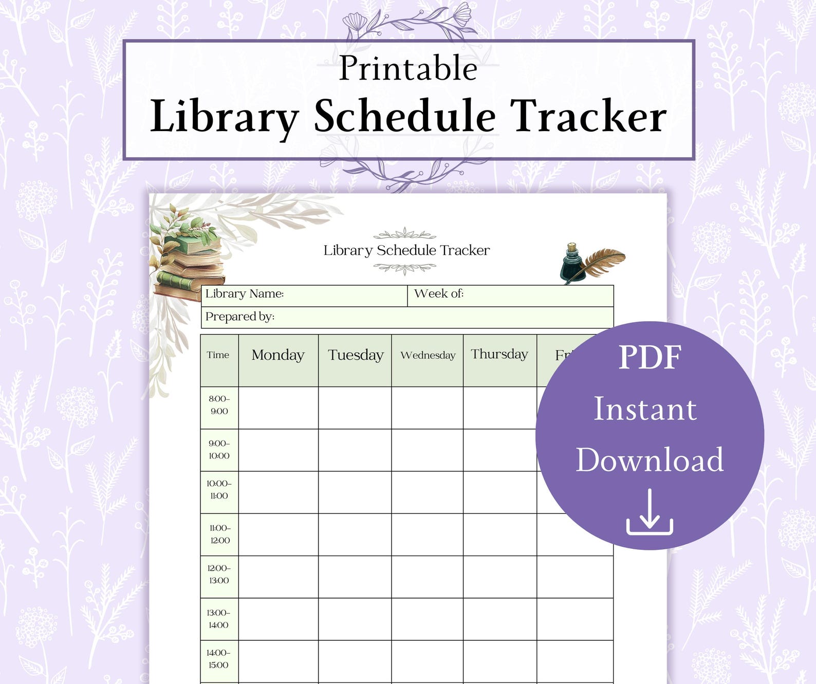 Library Schedule Tracker Printable PDF | Library Weekly Schedule | Time ...