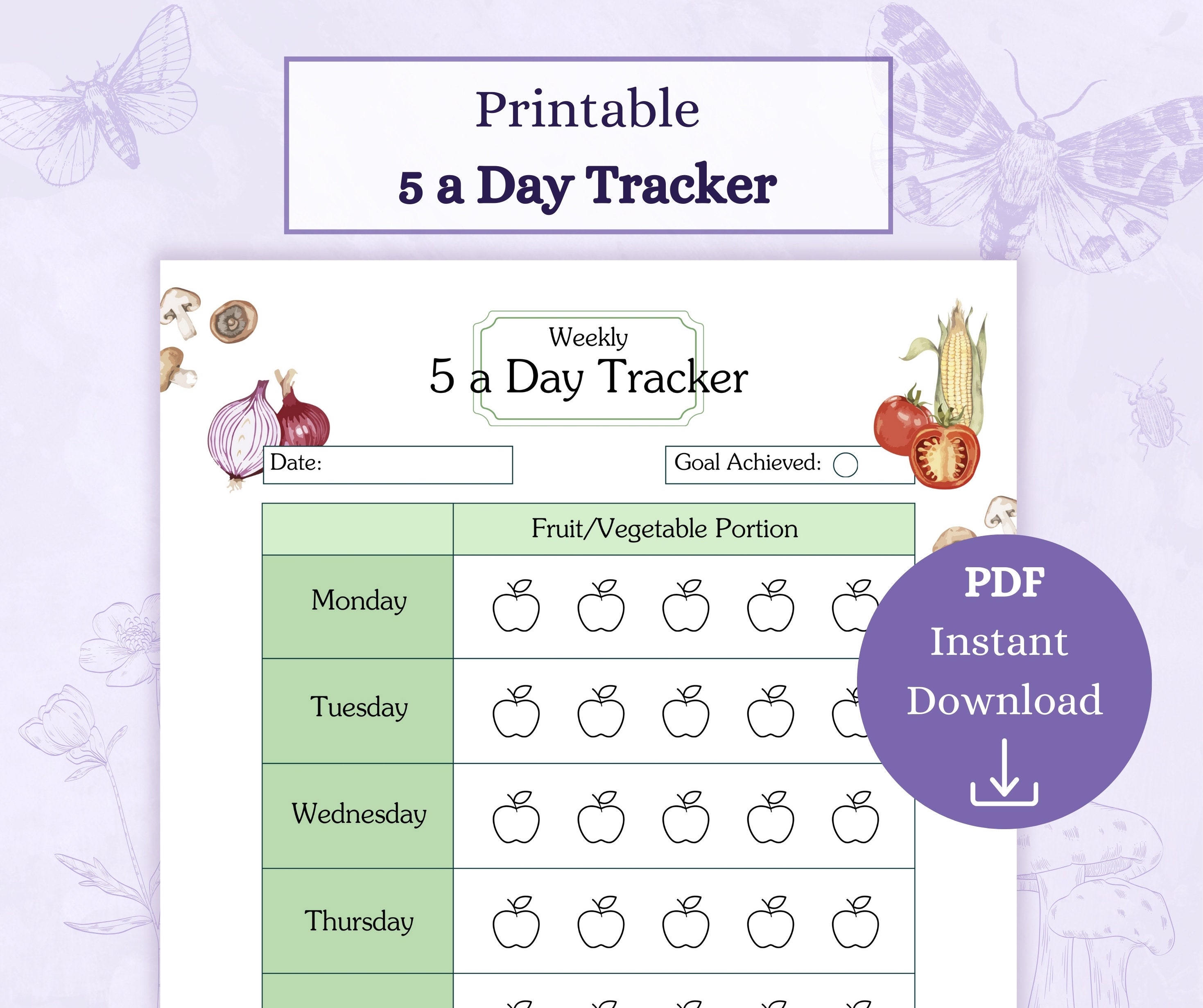 Five A Day Tracker Printable PDF | Nutrition Chart | Wellness Journal ...