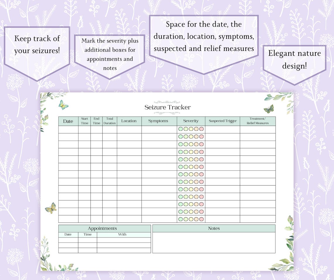 Seizure Tracker Printable PDF | Epilepsy Log | Seizure Log | Medical ...