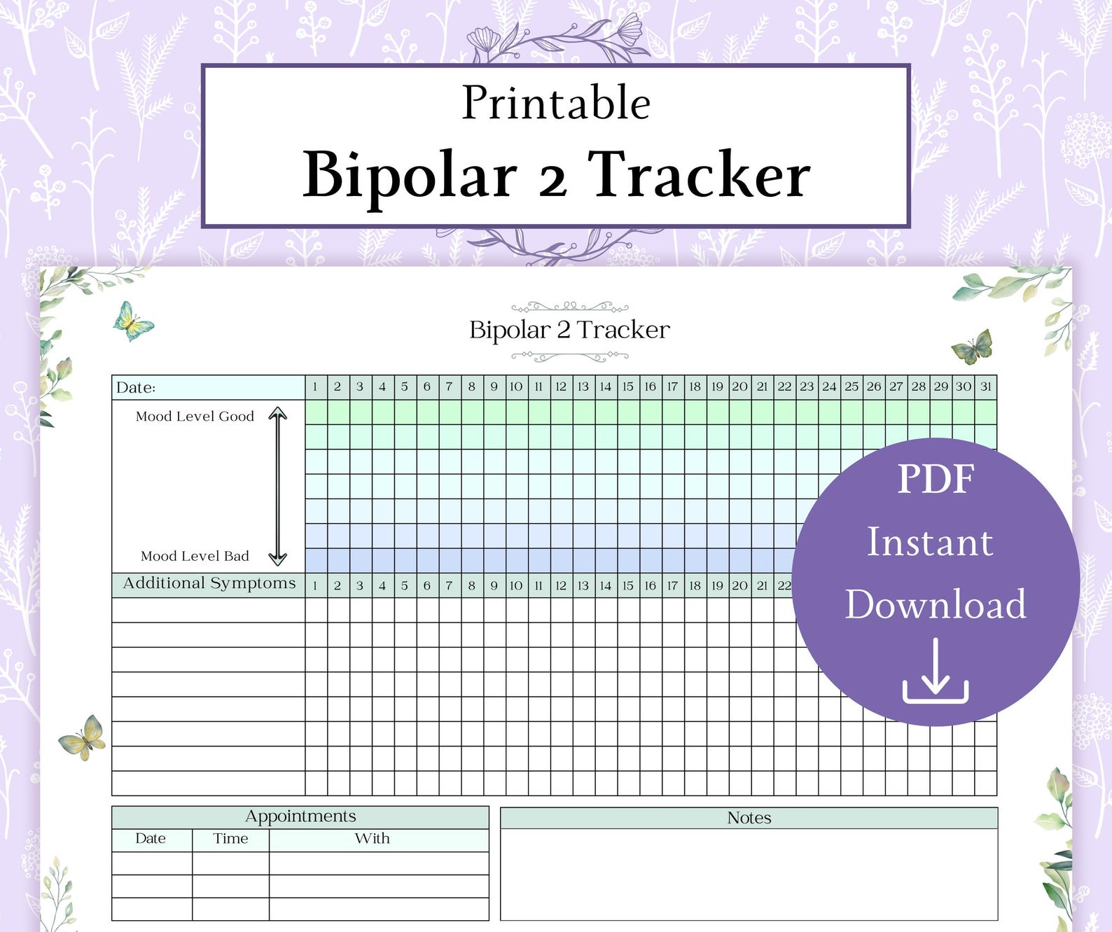 Bipolar 2 Tracker Printable PDF | Symptom Tracker | Mood Tracker ...