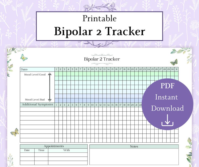 Bipolar 2 Tracker Printable PDF | Symptom Tracker | Mood Tracker ...