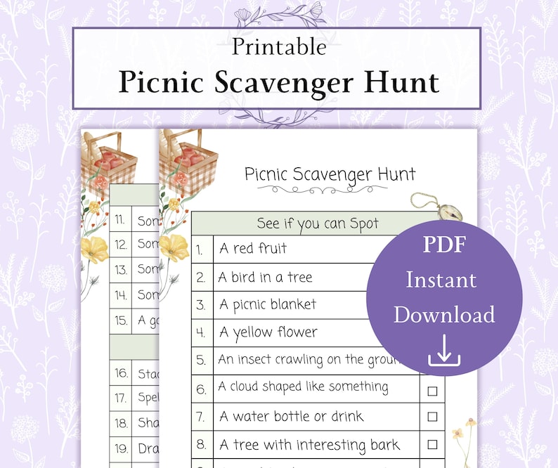 Picnic Scavenger Hunt Printable PDF | Outdoor Scavenger Hunt | Kids ...