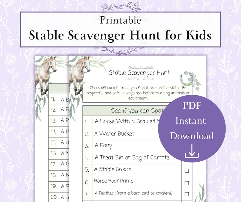Stable Scavenger Hunt Printable PDF | Horse Scavenger Hunt | Pony Party ...