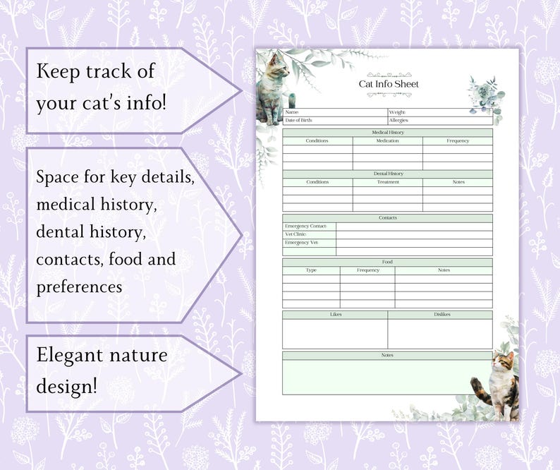 Cat Info Sheet Printable PDF | Pet Sitter Forms | Cat Health Record ...