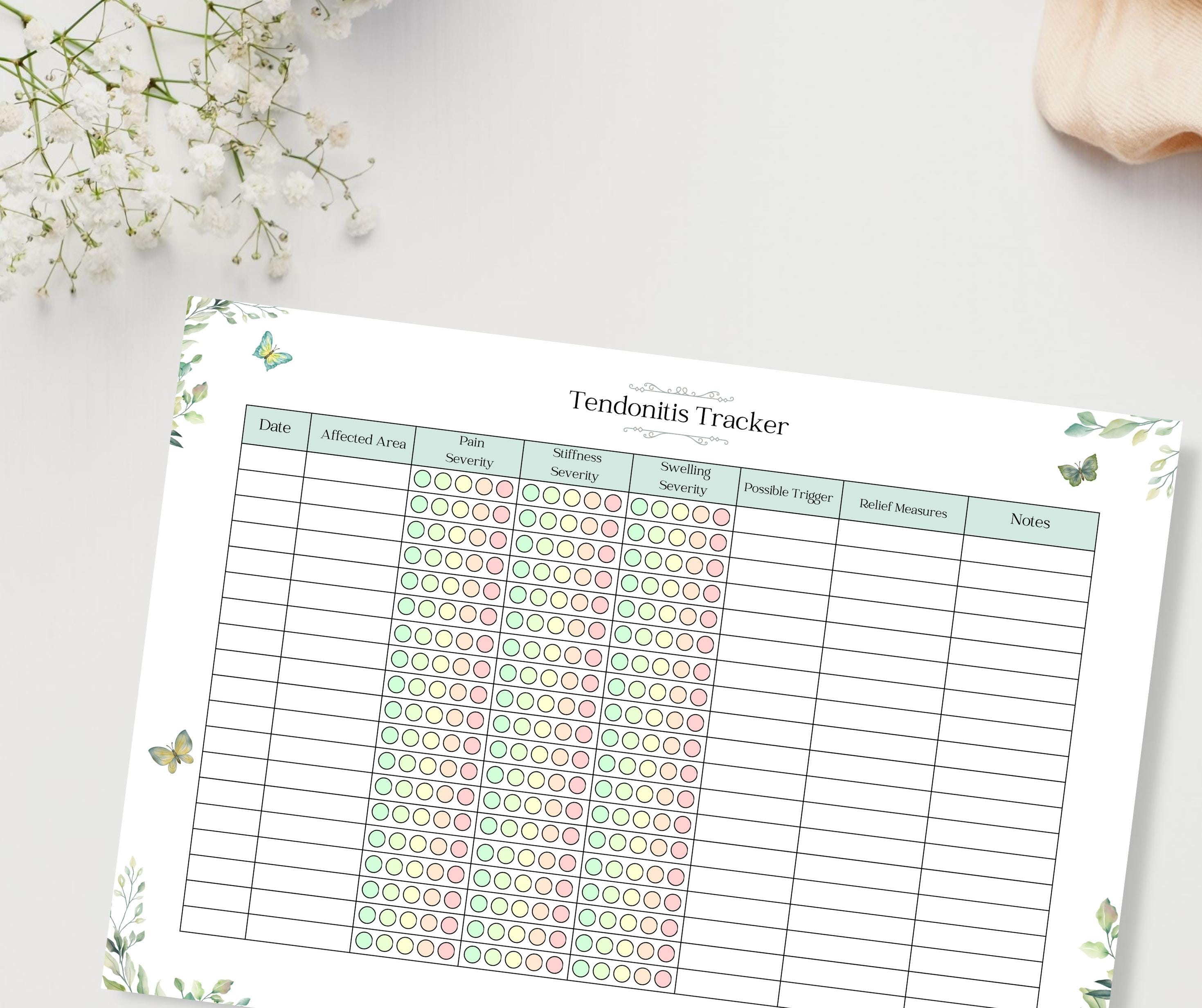 Tendonitis Tracker Printable PDF | Track Tendon Pain | Symptom Record ...