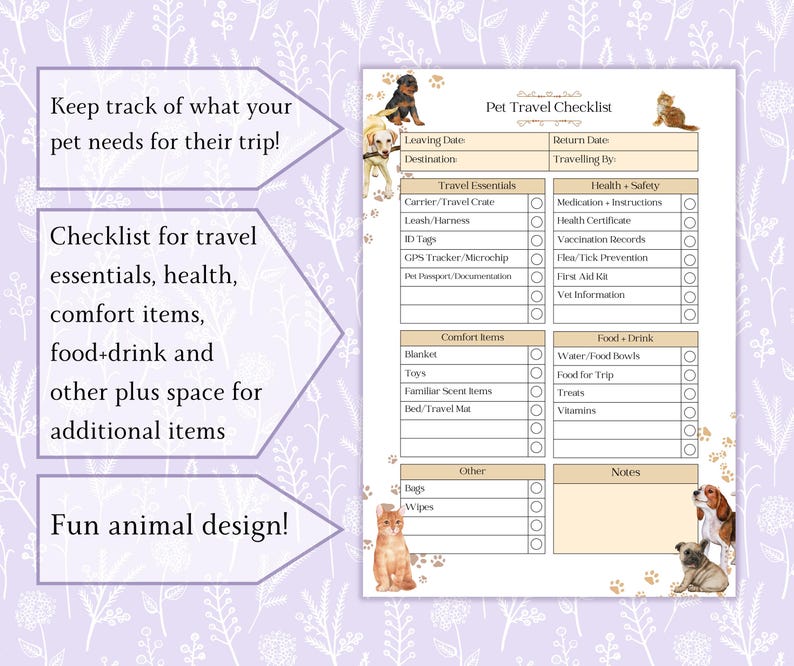 Pet Travel Checklist Bundle Printable PDF | Dog Travel List | Pet Care ...