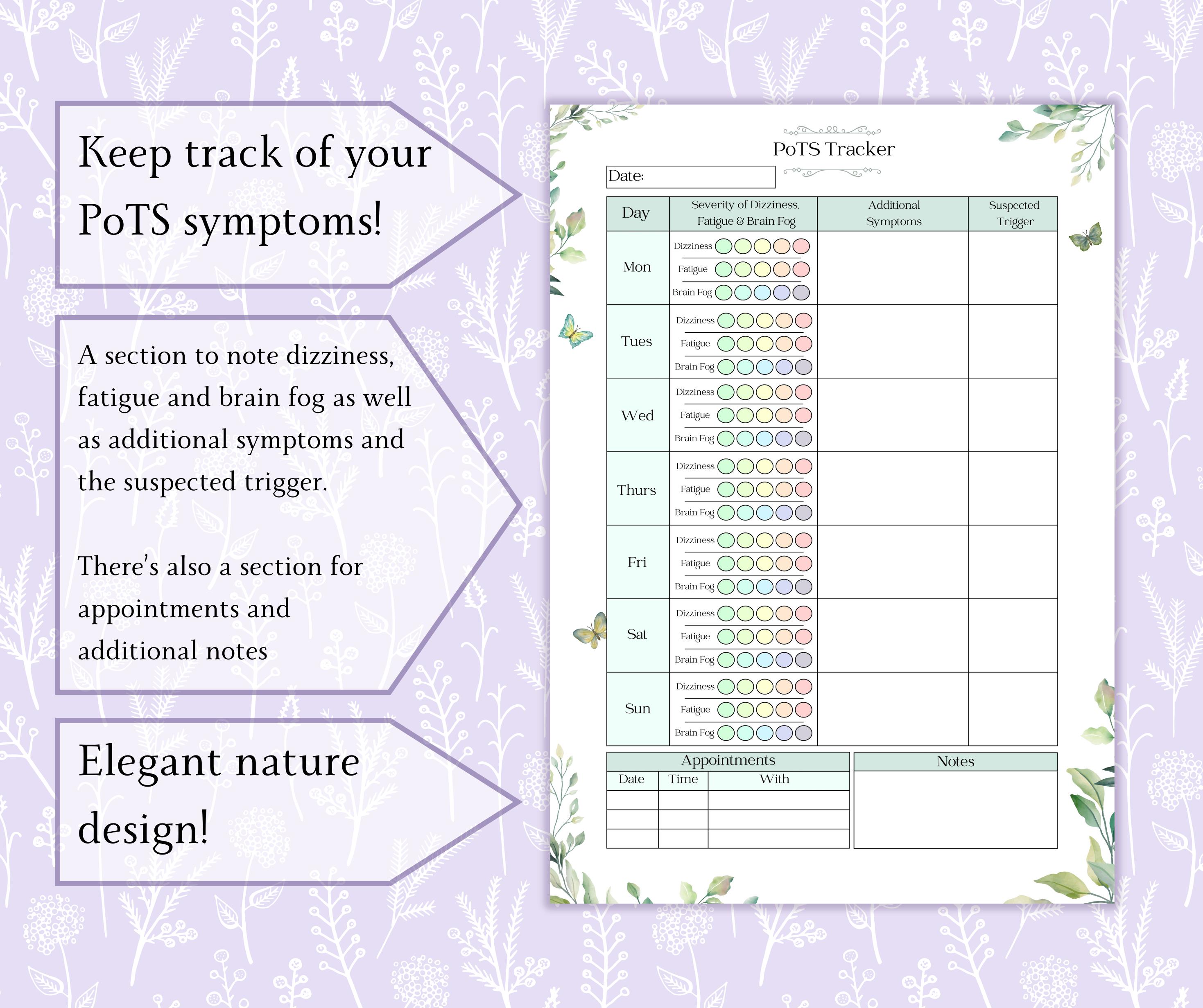 Pots Syndrome Tracker Printable PDF | Symptom Journal | Medical Tracker ...
