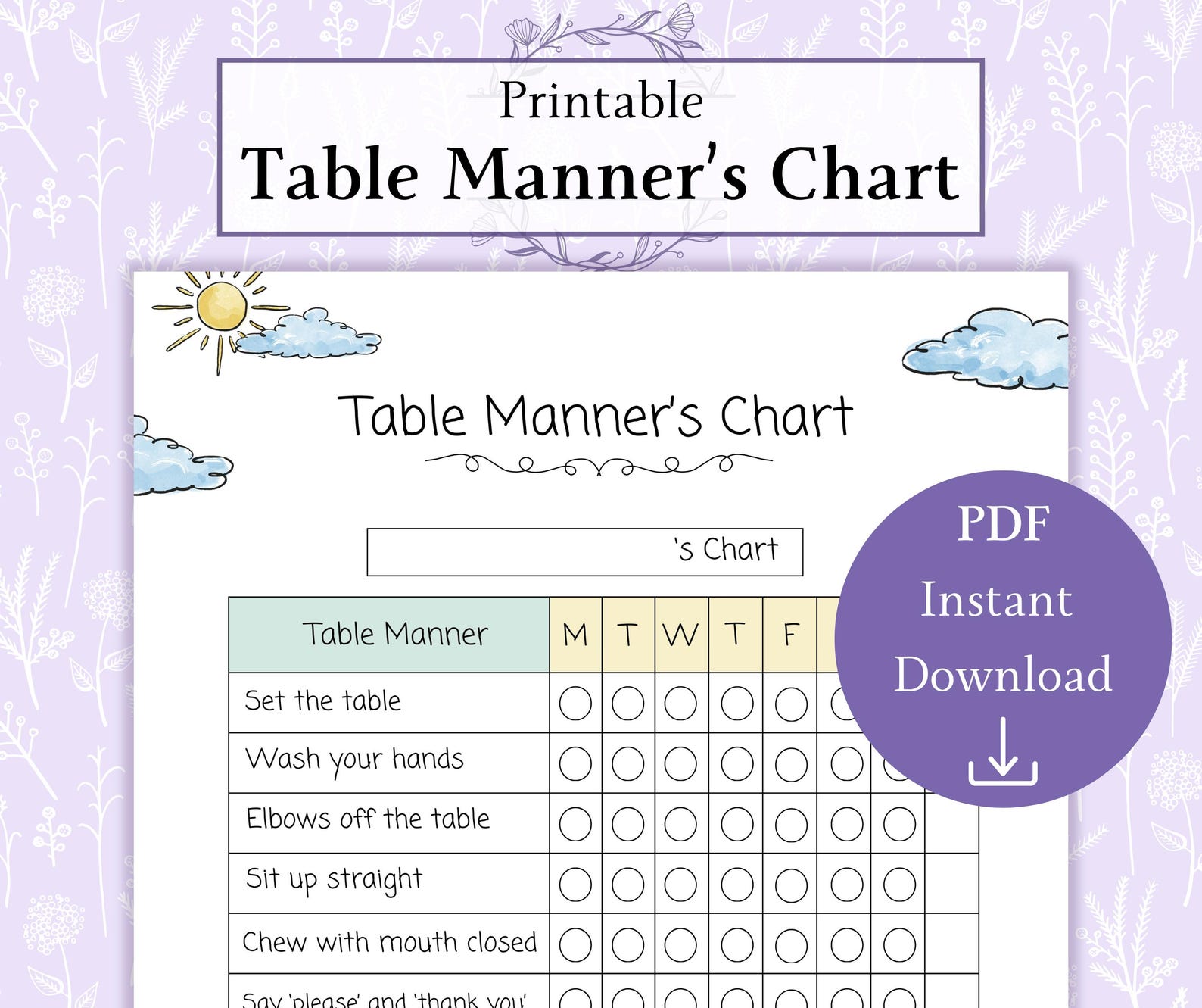 Table Manners Chart Printable PDF | Mealtime Chart | Reward Chart ...