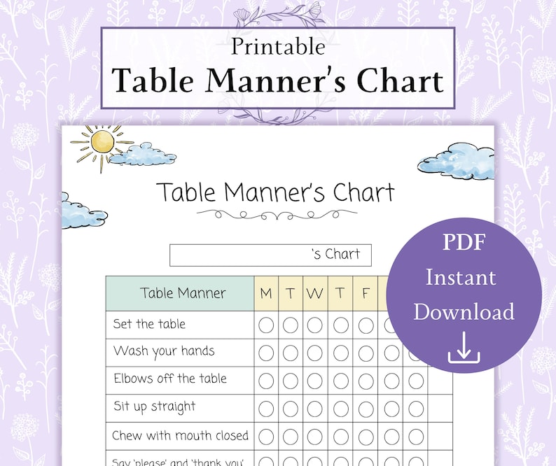 Table Manners Chart Printable PDF | Mealtime Chart | Reward Chart ...