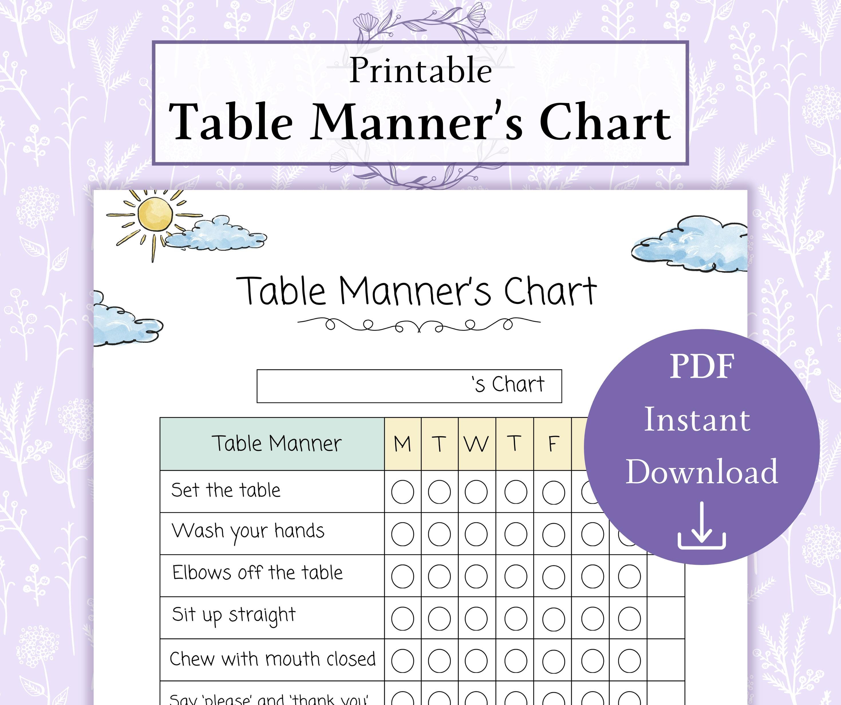 Table Manners Chart Printable PDF | Mealtime Chart | Reward Chart ...
