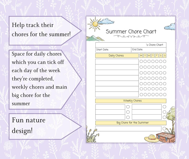 Summer Chore Chart for Kids Printable PDF | Kids Summer Chore List ...
