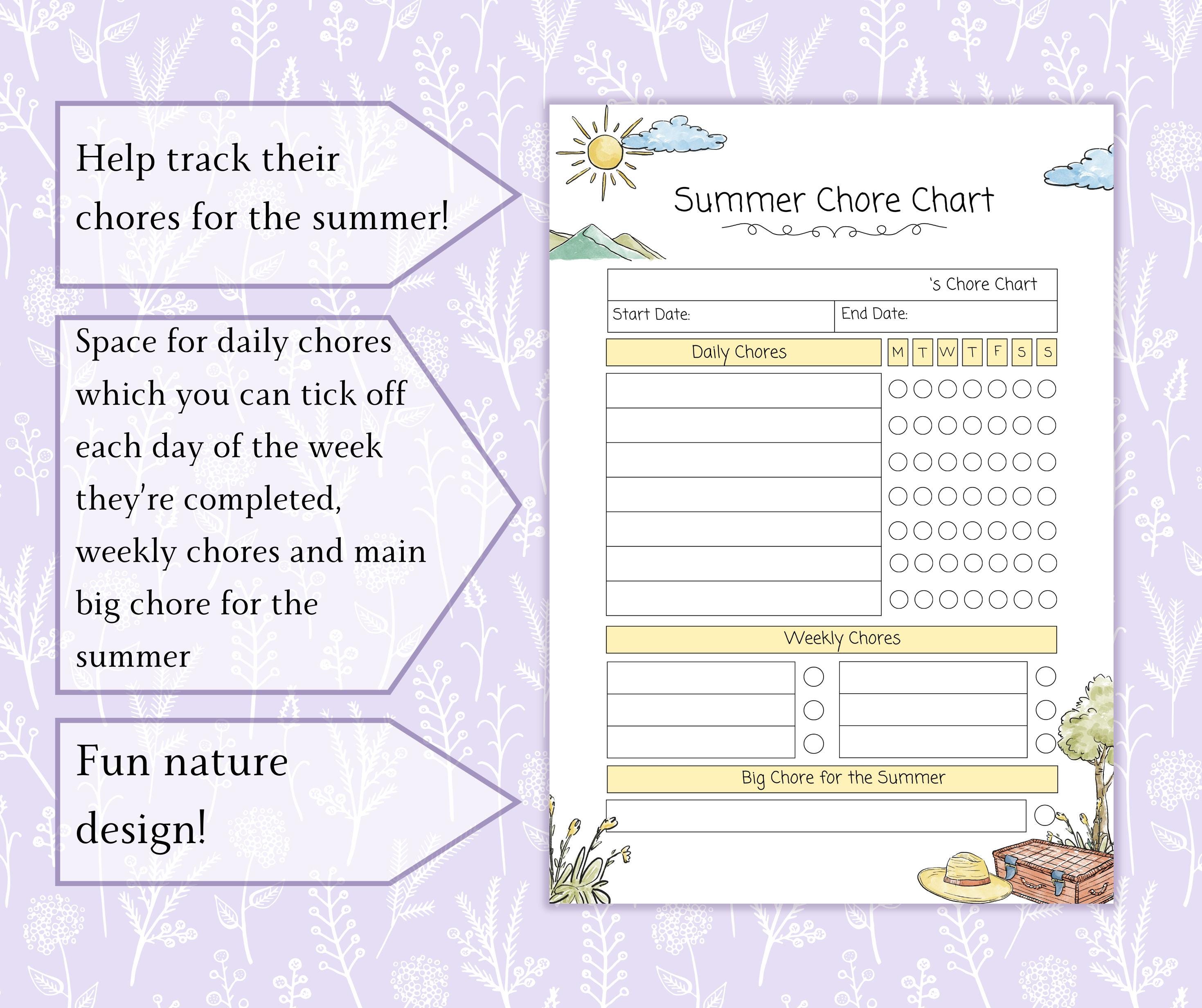 Summer Chore Chart for Kids Printable PDF | Kids Summer Chore List ...