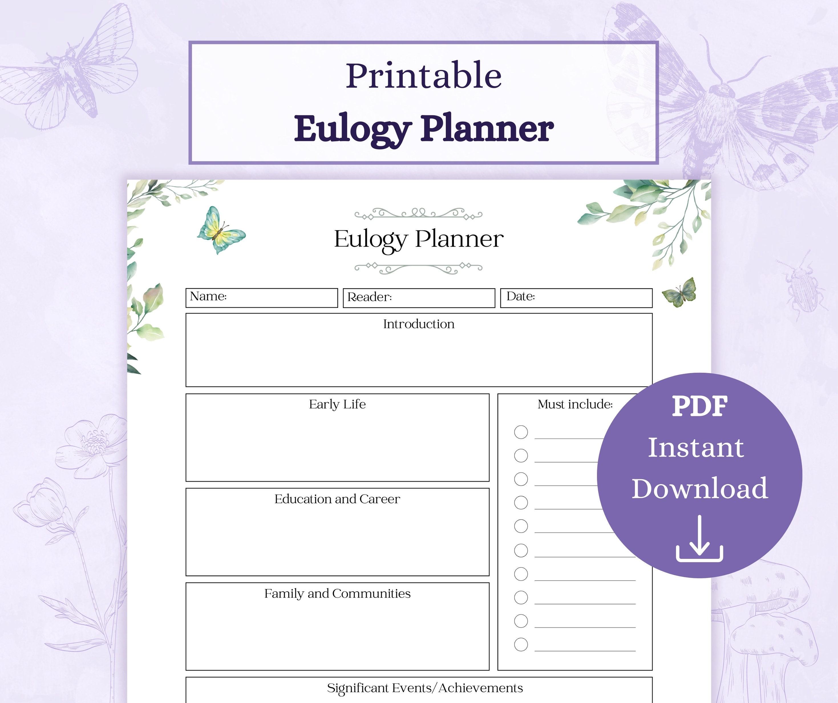 Eulogy Planner Printable PDF | Simply Eulogy Planner | Eulogy Organizer ...