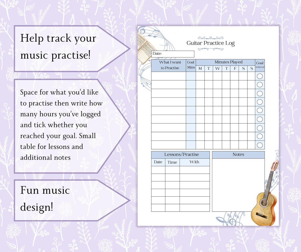 Guitar Practice Chart Printable PDF | Weekly Practice Log | Guitar ...