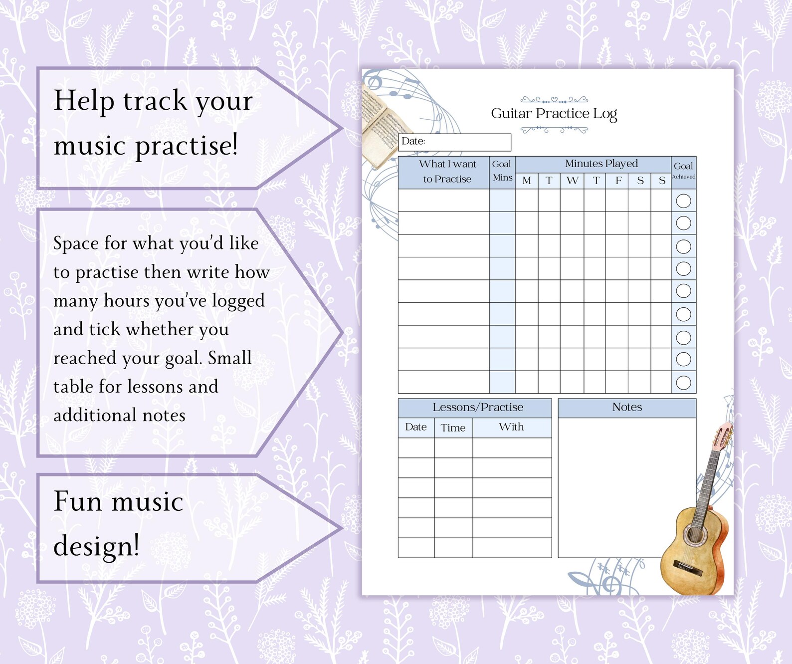 Guitar Practice Chart Printable PDF | Weekly Practice Log | Guitar ...