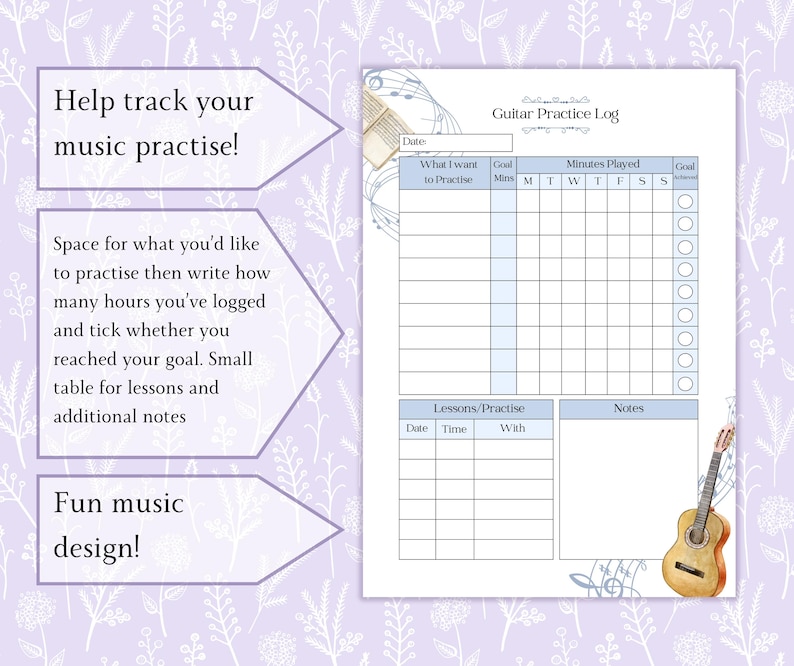 Guitar Practice Chart Printable PDF | Weekly Practice Log | Guitar ...