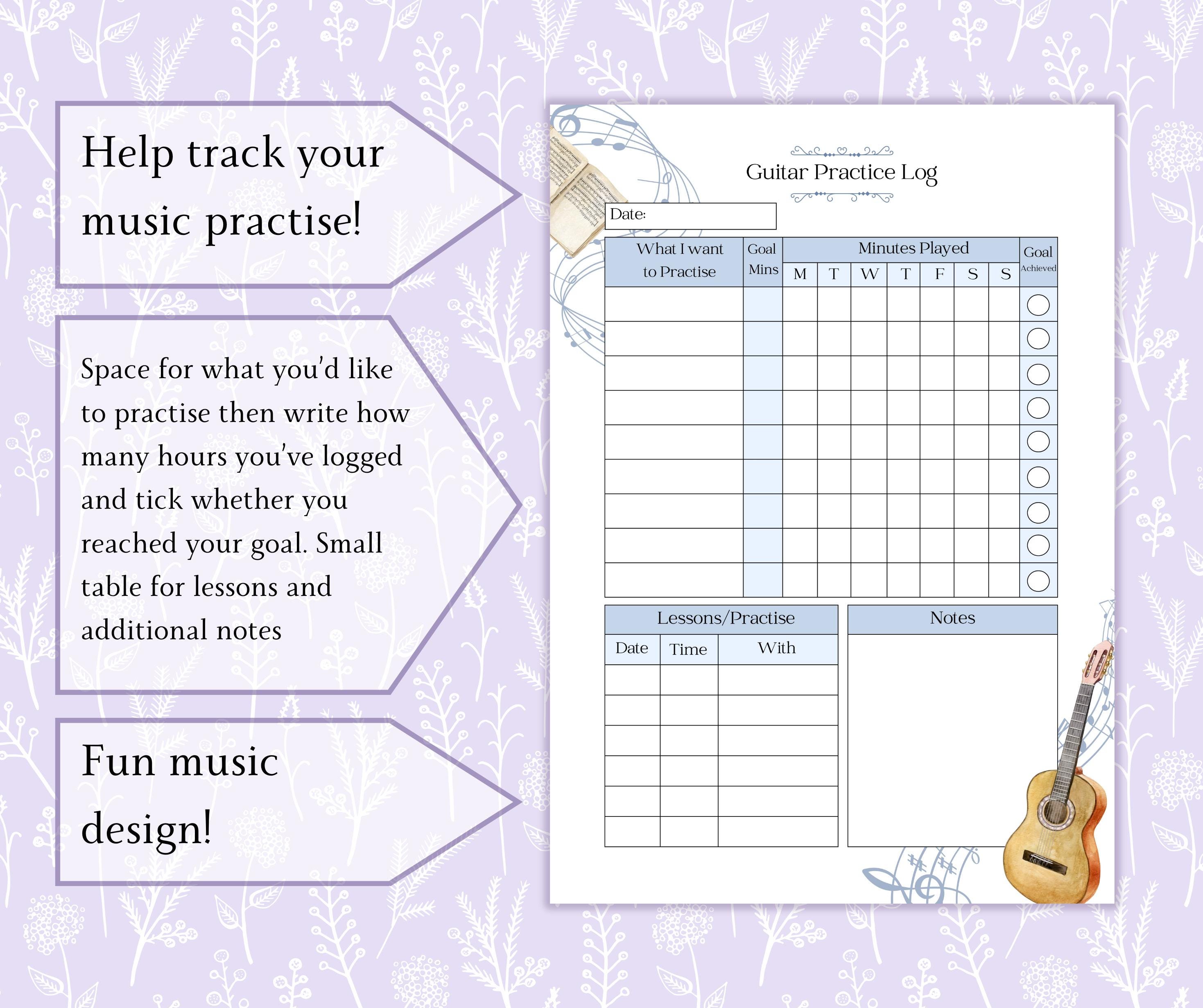 Guitar Practice Chart Printable PDF | Weekly Practice Log | Guitar ...