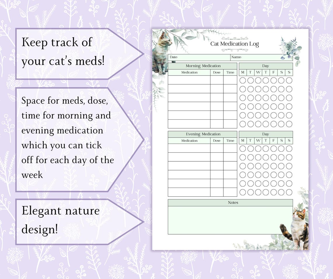 Cat Medication Log Printable PDF | Pet Health Log | Feline Medication ...