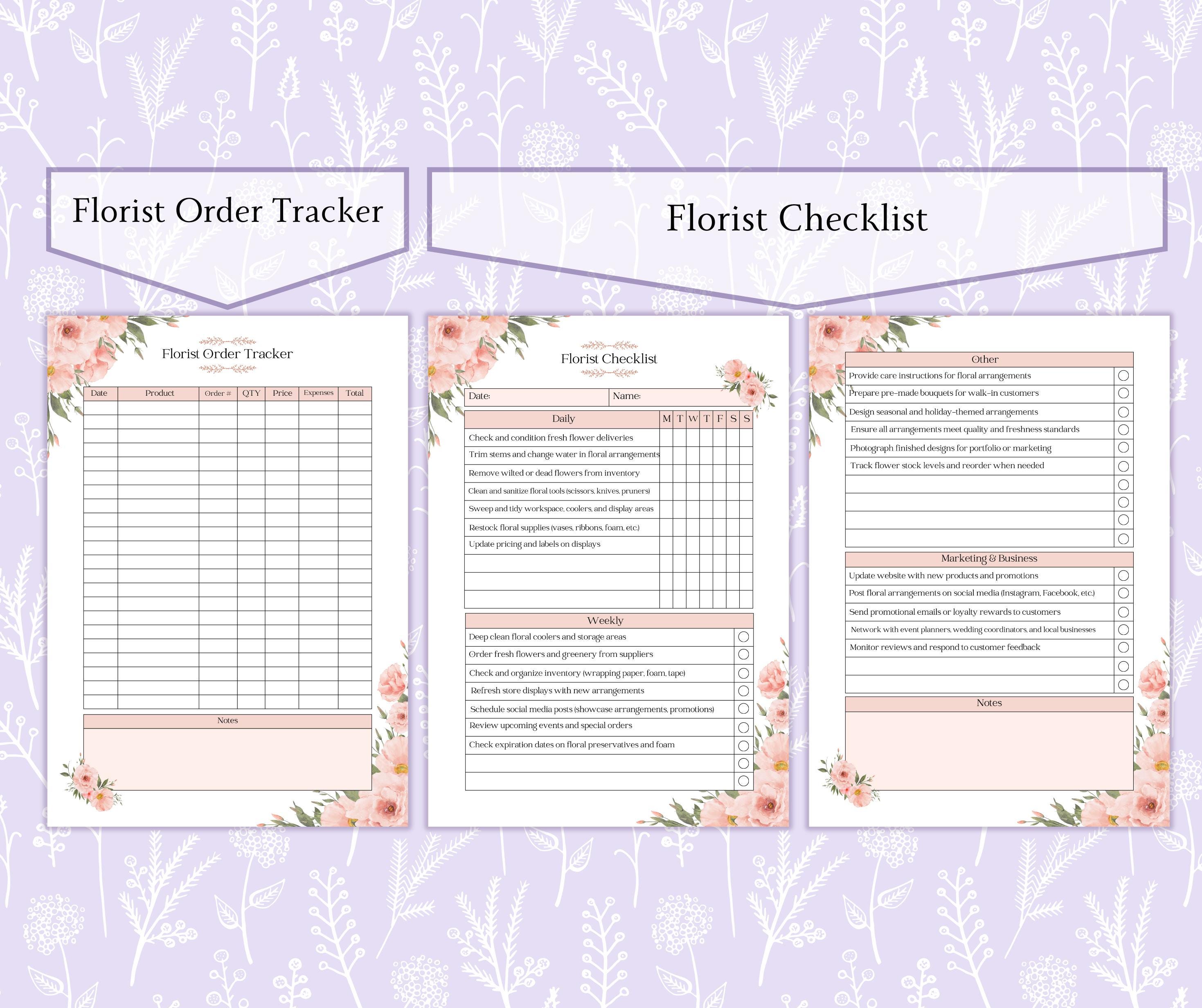 Floristry Tracking Bundle Printable PDF | Florist Checklist | Florist Order Form | Florist Sales ...