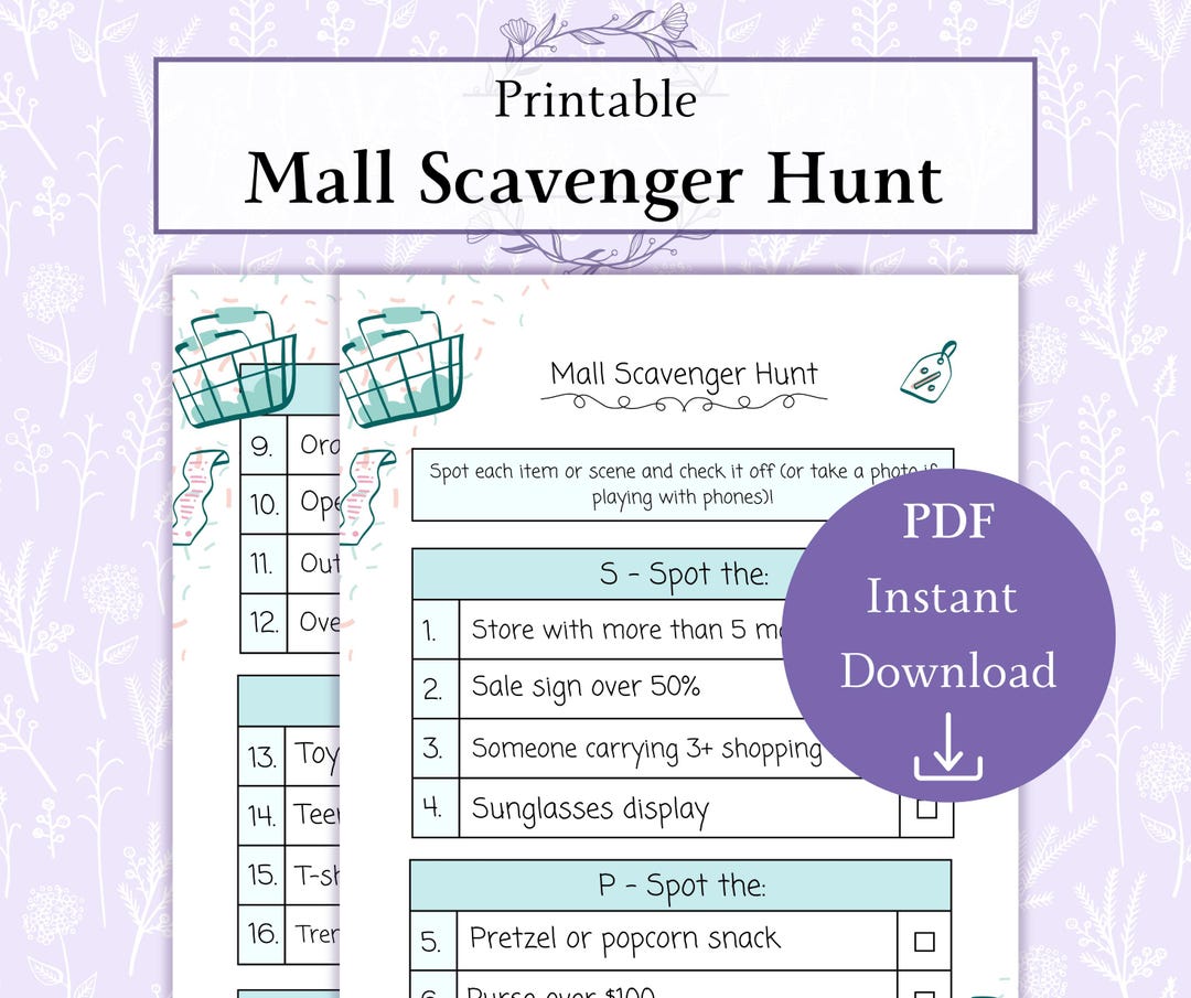 Mall Scavenger Hunt Printable PDF | Kids Scavenger Hunt | Mall Game for ...