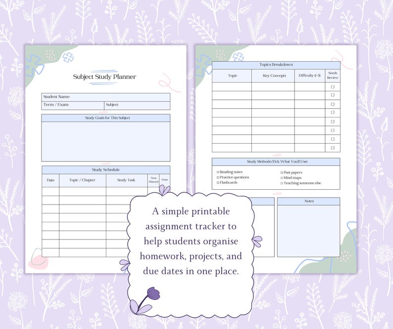 Subject Study Planner Printable PDF, Student Study Planner, Subject ...