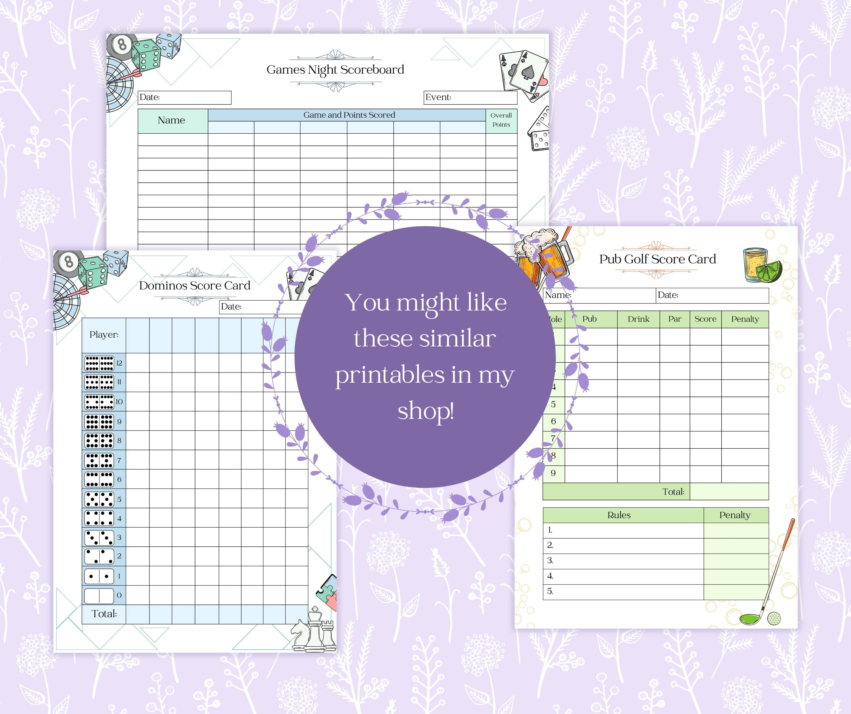 Games Scoreboard Printable PDF | Games Ranking | Board Game Party Sheet ...