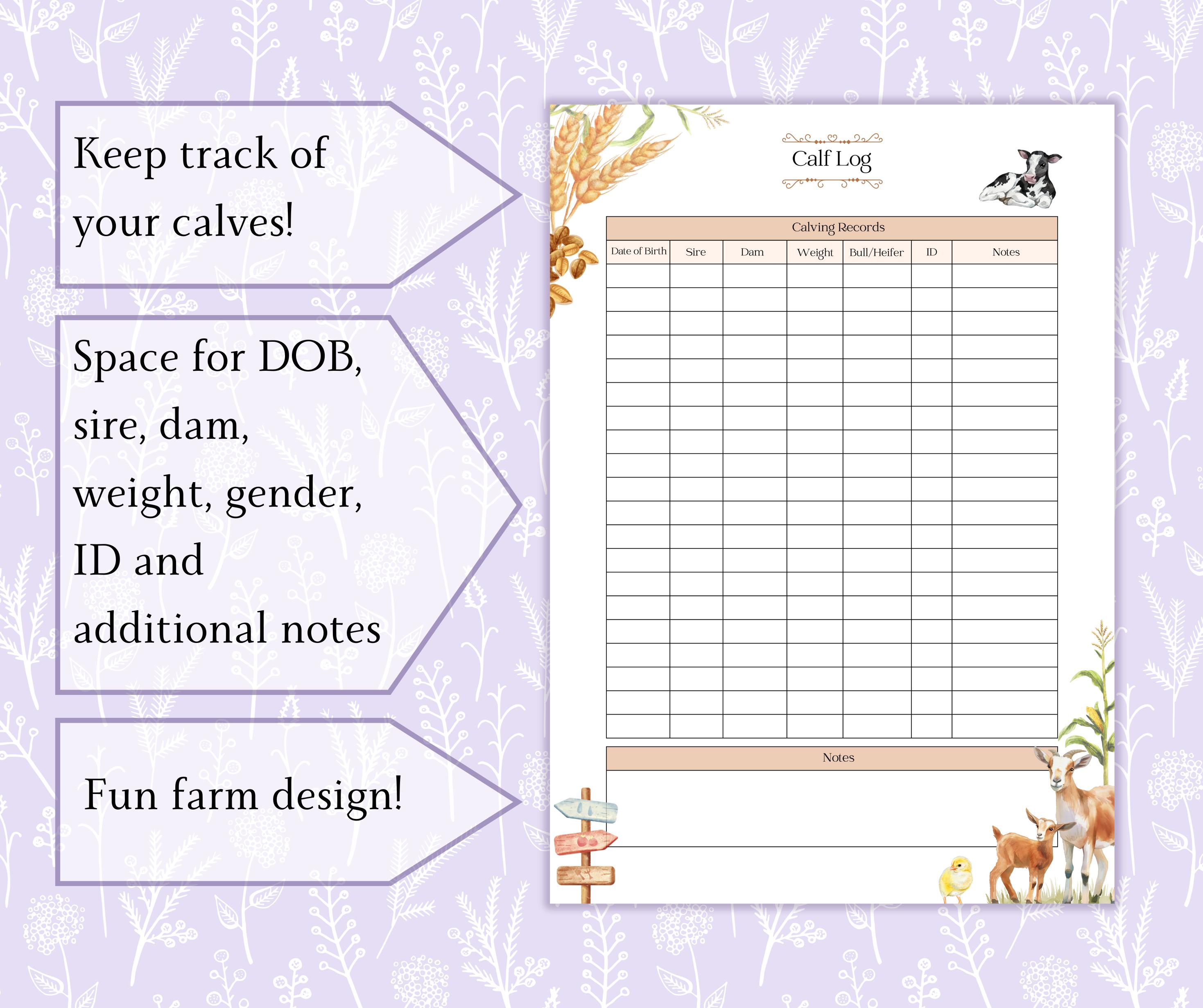 Calf Log Book Sheet Printable PDF | Calving Book Sheet | Cow Breeding ...