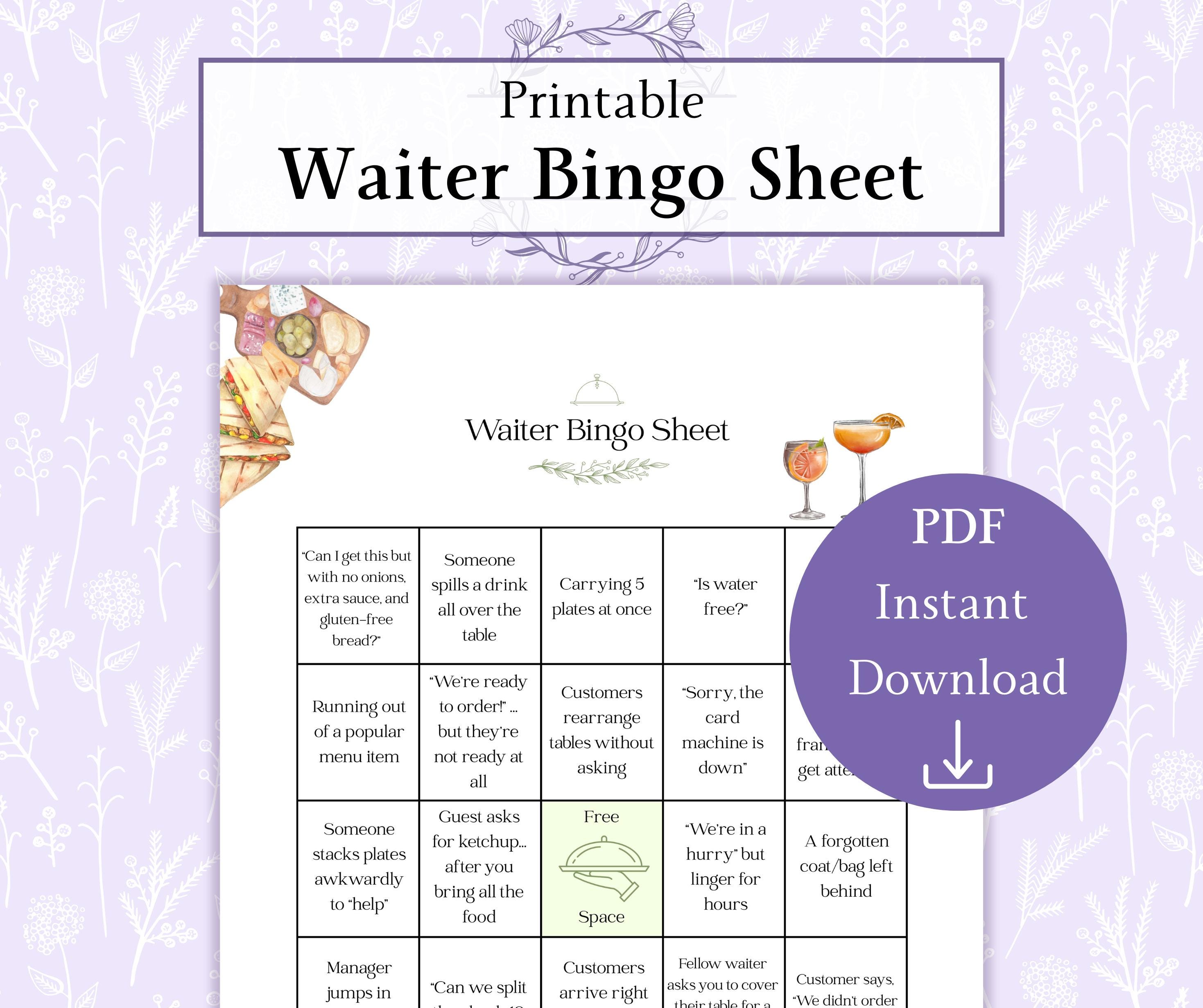 Waiter Bingo Sheet Printable PDF, Restaurant Server Game, Funny Waiter ...