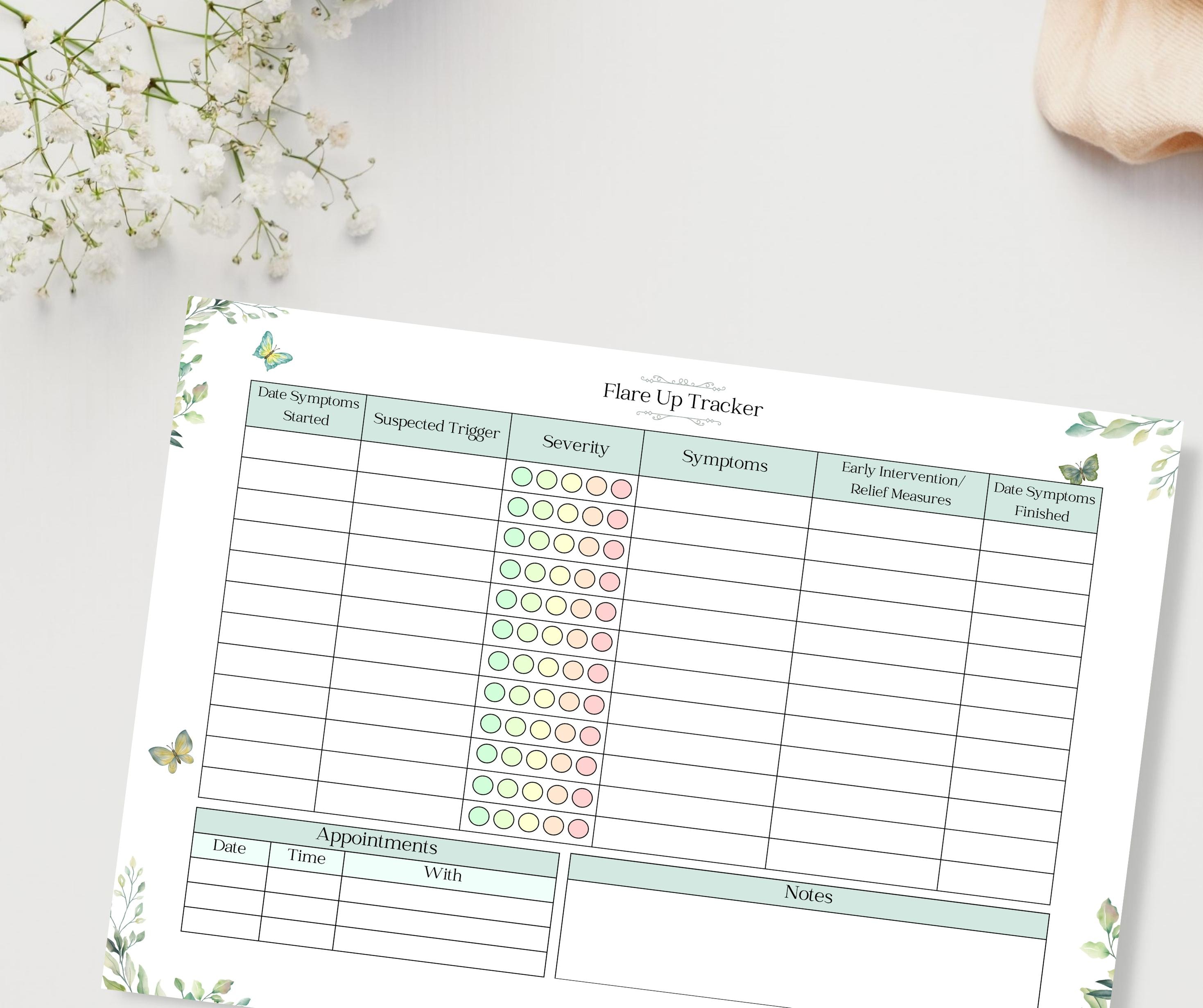 Flare up Tracker Printable PDF | Symptom Tracker | Flare up Journal ...