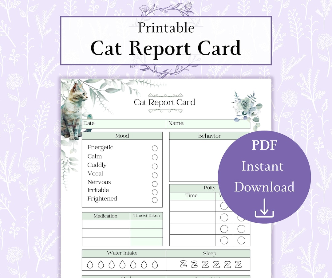 Cat Report Card Sheet Printable PDF | Cat Info Sheet | Cat Daily Log ...