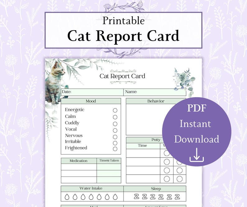 Cat Report Card Sheet Printable PDF | Cat Info Sheet | Cat Daily Log ...
