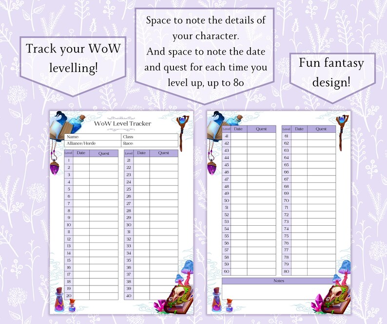 Wow Levelling Tracker Printable PDF | Classic Wow Video Game Level ...