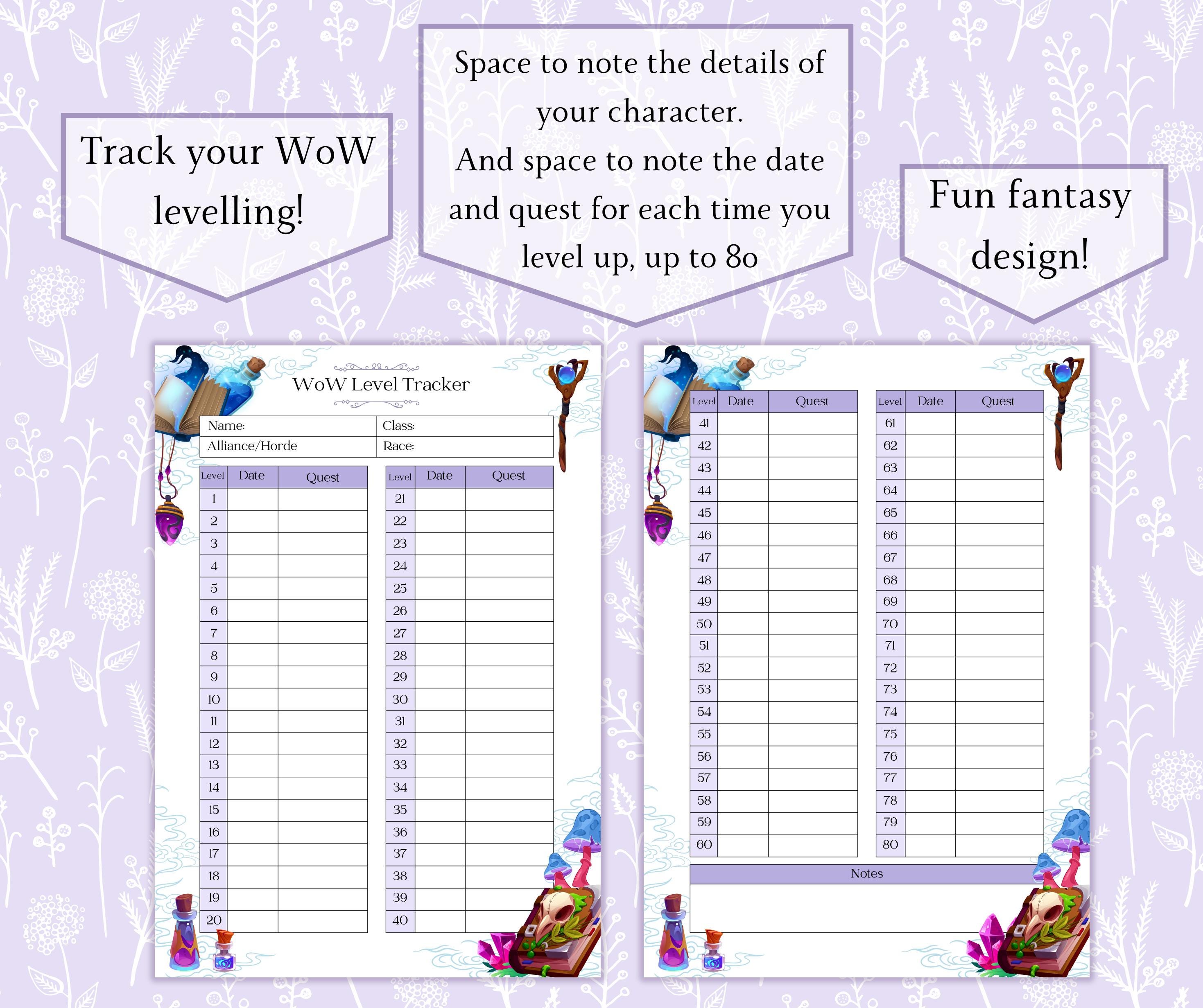 Wow Levelling Tracker Printable PDF | Classic Wow Video Game Level ...