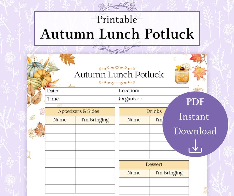 Autumn Lunch Potluck Sign up Sheet Printable PDF | Food List ...