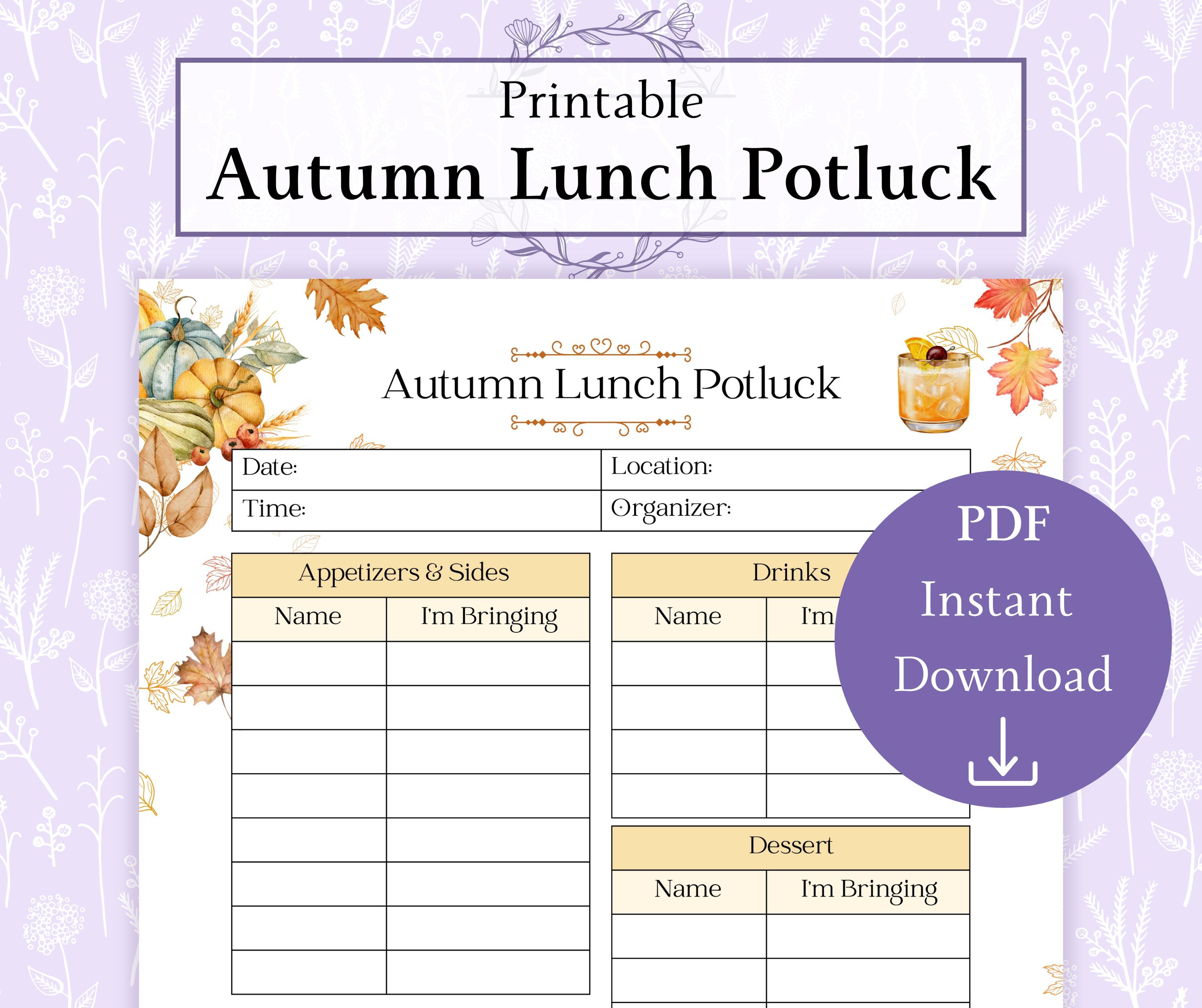 Autumn Lunch Potluck Sign up Sheet Printable PDF | Food List ...