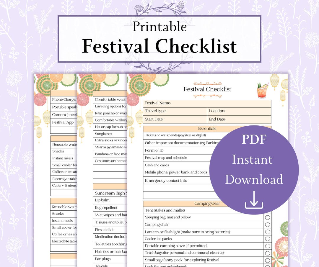 Festival Checklist Printable PDF | Music Festival Planner | Festival ...