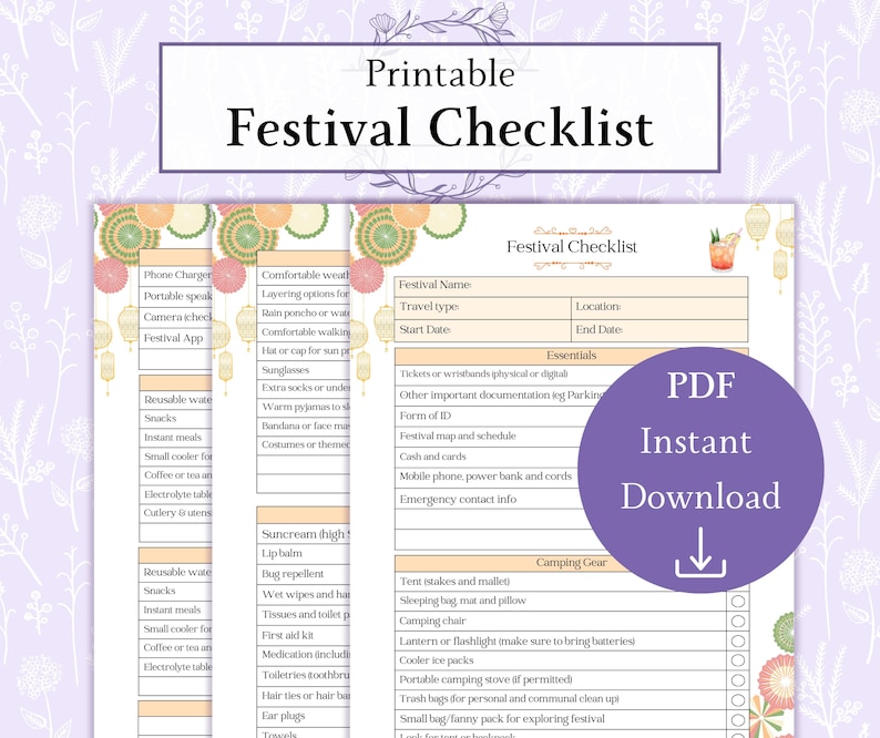 Festival Checklist Printable PDF | Music Festival Planner | Festival ...