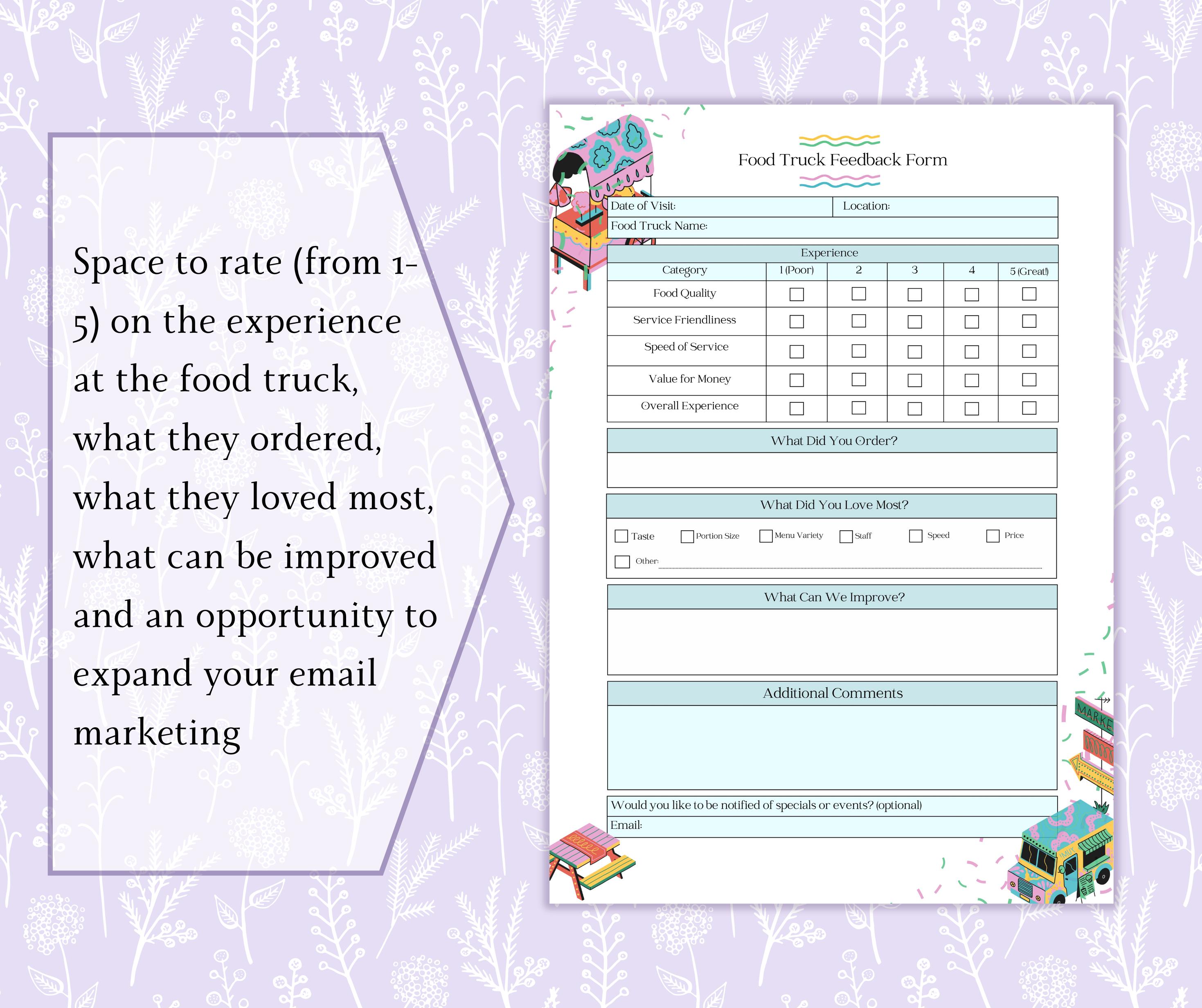 Food Truck Feedback Form Printable PDF | Customer Feedback Sheet | Food ...