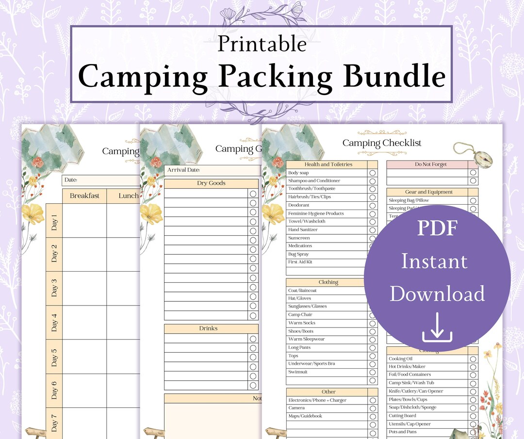 Camping Packing Planner Bundle Printable PDF Camping Grocery List ...
